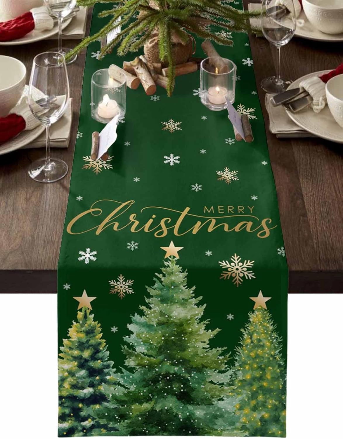 Christmas Table Runner Merry Christmas Tree Table Runners Green Gold ...