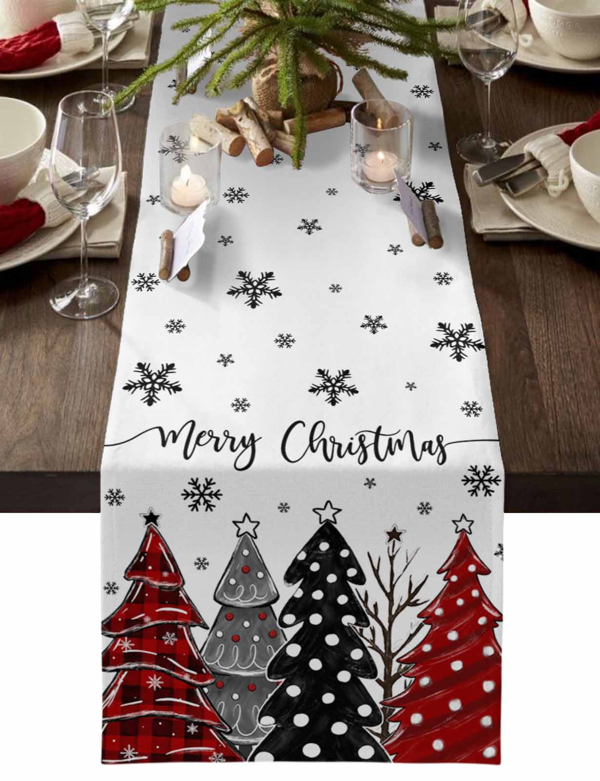 Christmas Table Runner Merry Christmas Tree Table Runners Snowflake Red ...