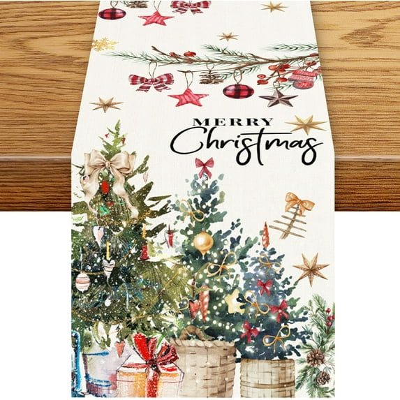Christmas Table Runner, Merry Christmas Tree Xmas Snowflake Fir Twigs ...