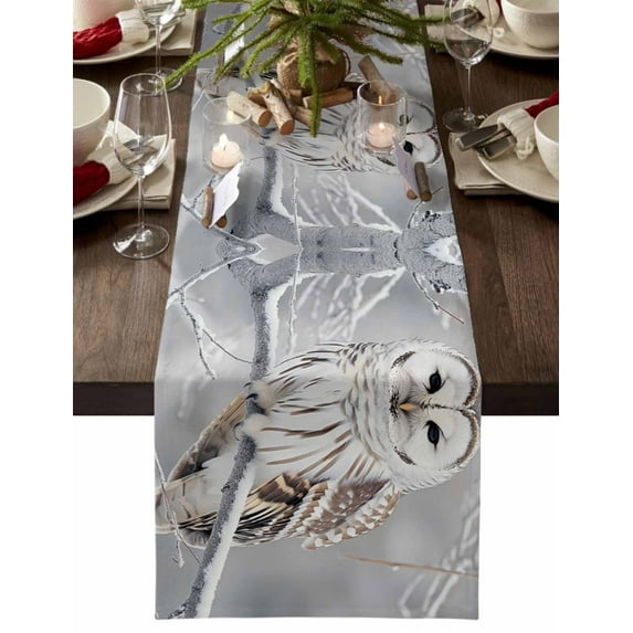 Christmas Table Runner Owl Table Runners Wild Animal Tree Branch Cotton ...