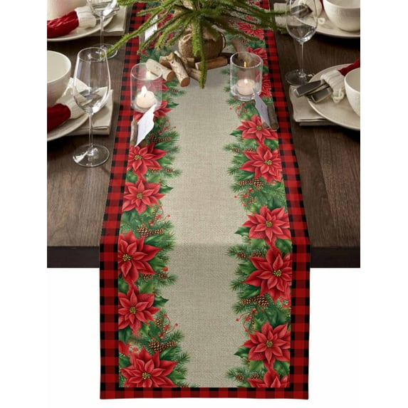 Christmas Table Runner Pine Cone Poinsettia Table Runners Berry Linen ...
