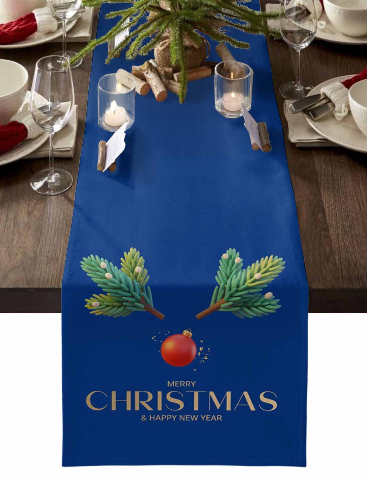 Christmas Table Runner Pine Needles Xmas Ball Table Runners Elk Deer ...