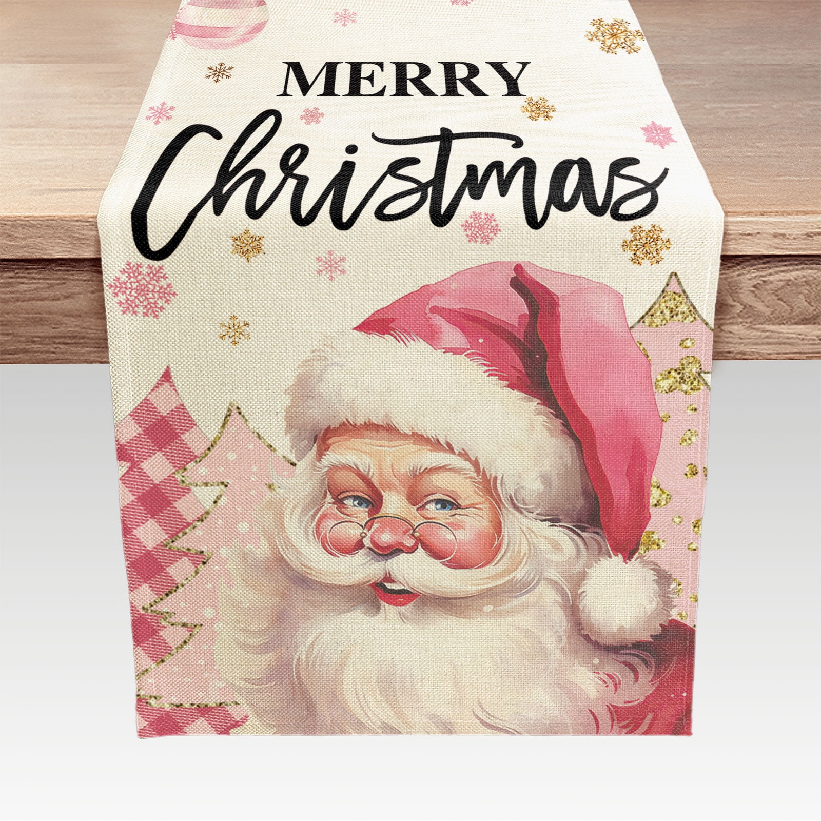 Christmas Table Runner, Pink Santa Claus Xmas Balls Christmas Table ...
