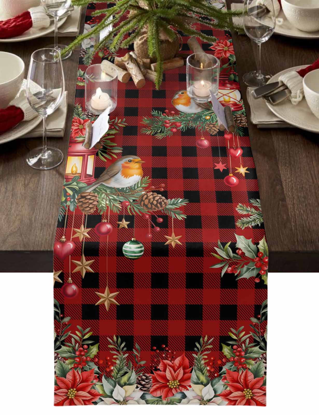 Christmas Table Runner Poinsettia Floral Table Runners Bird Berry Xmas ...