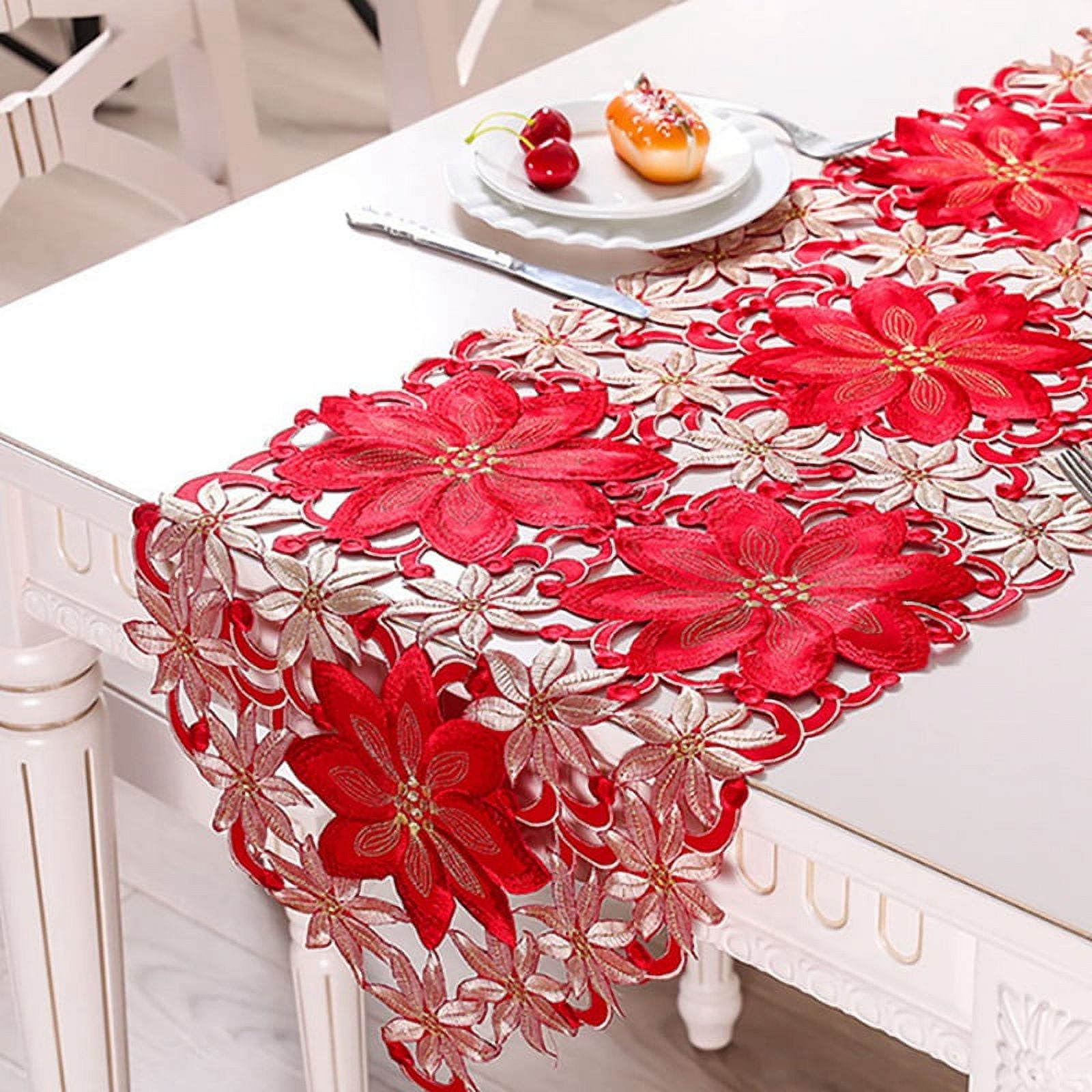 Christmas Table Runner, Poinsettia Holly Leaf Embroidered Table Linens ...