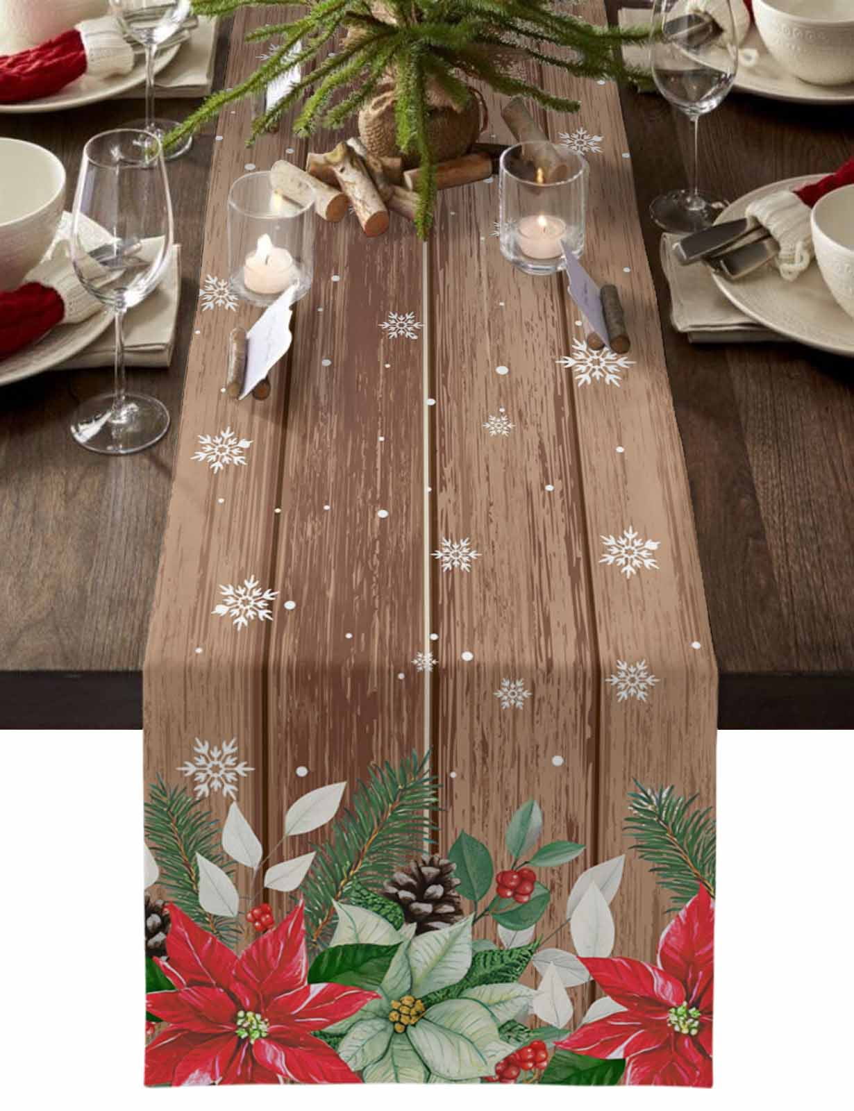 Christmas Table Runner Poinsettia Pine Needles Table Runners Holly ...
