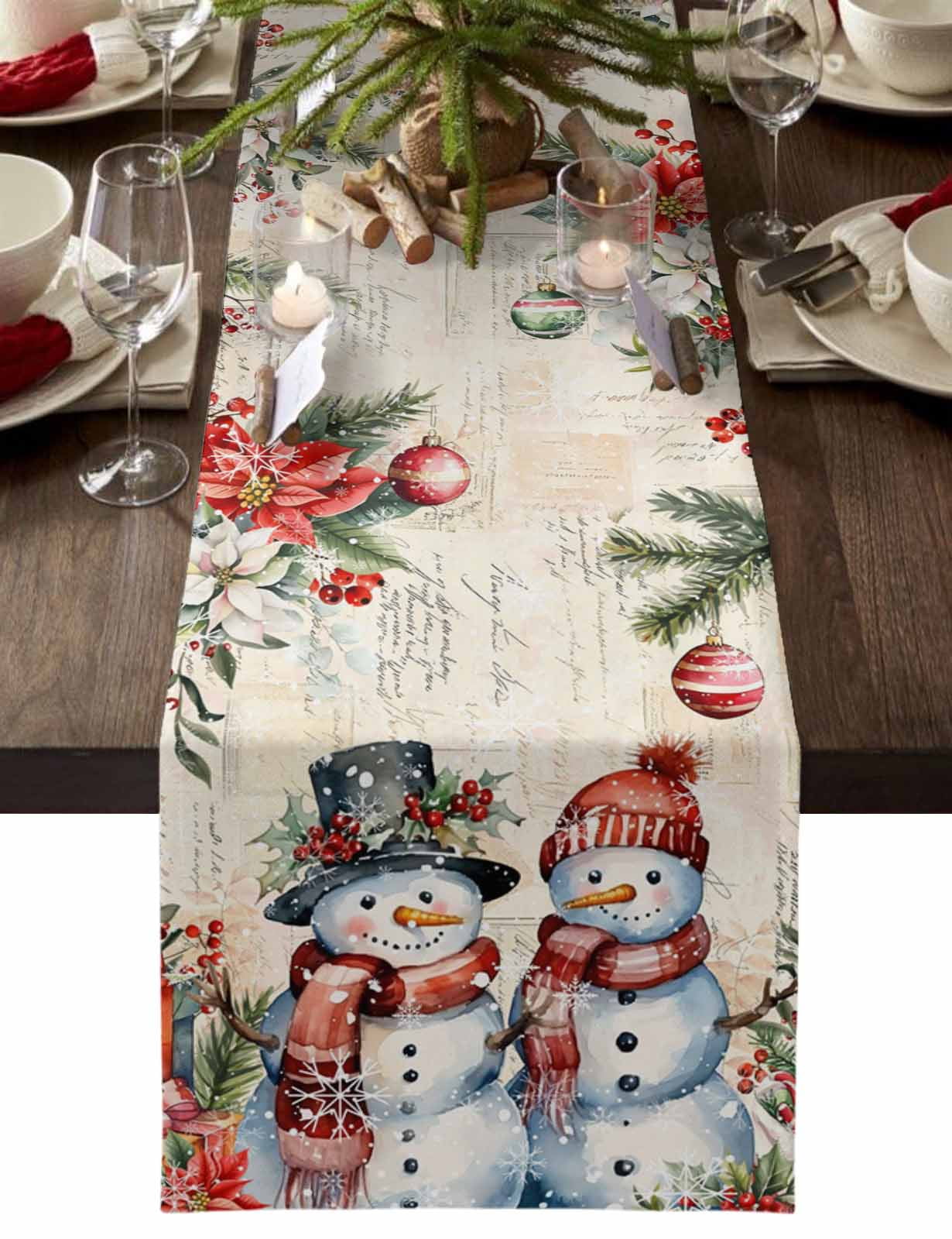 Christmas Table Runner Poinsettia Snowman Table Runners Eucalyptus Leaf ...