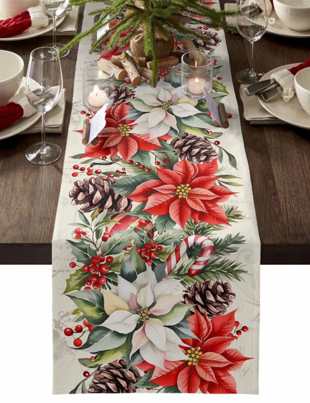 Christmas Table Runner Poinsettia Table Runners Pine Cones Holly Berry ...