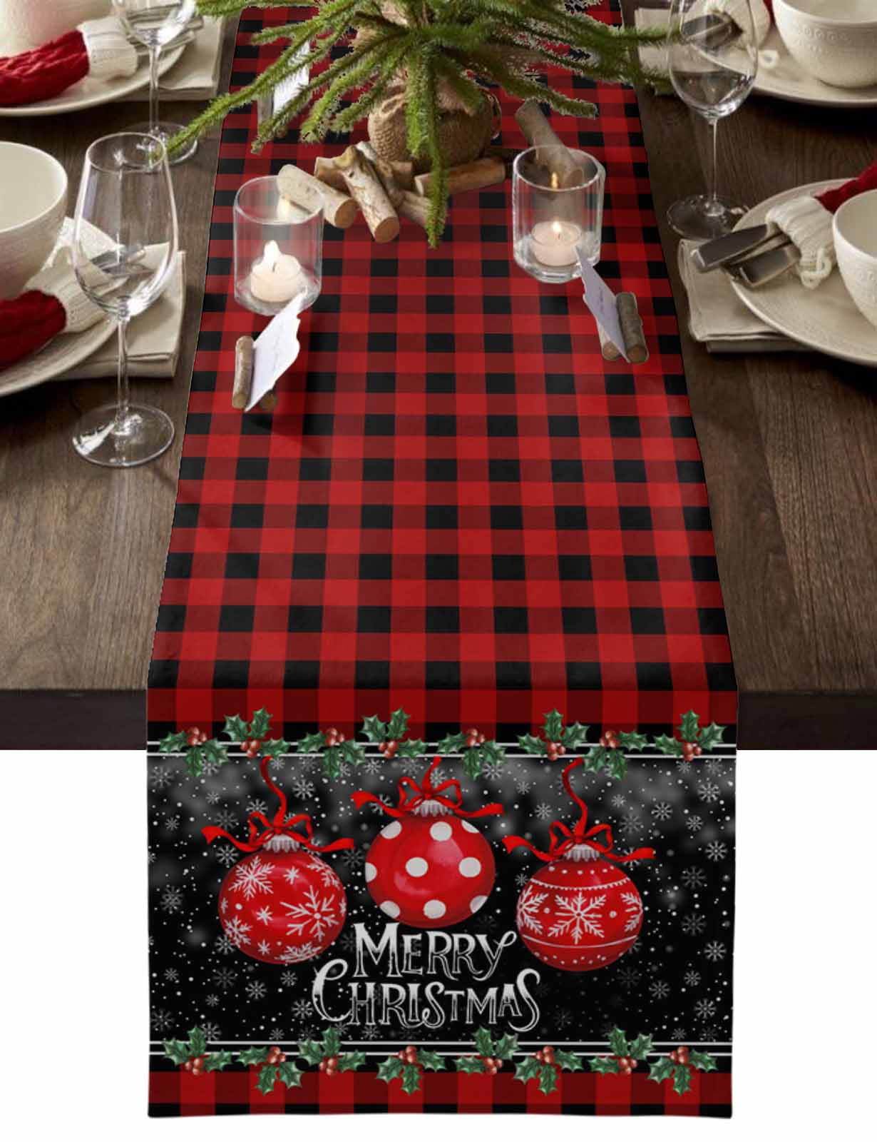 Christmas Table Runner Red Christmas Balls Table Runners Holly Berry ...