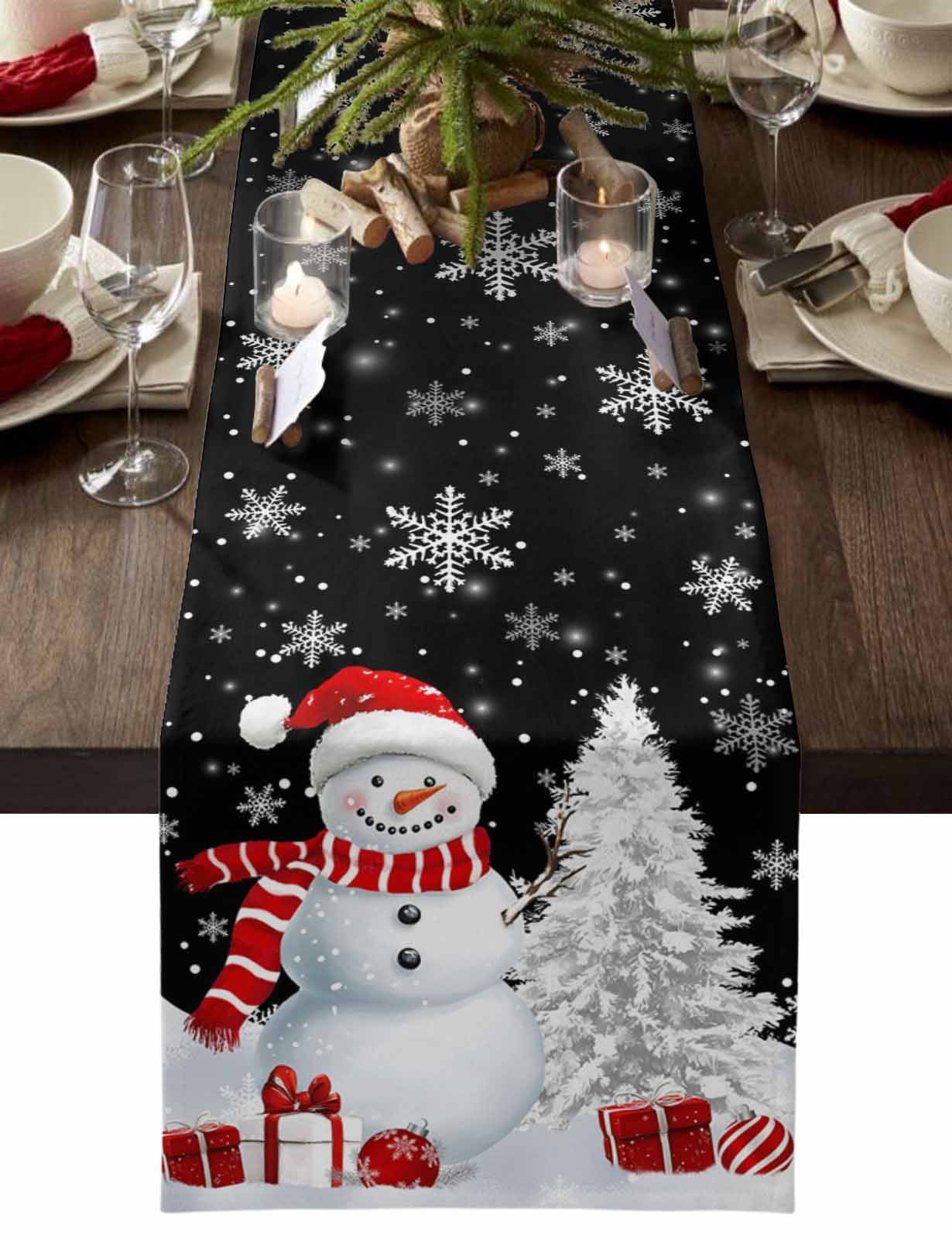 Christmas Table Runner Red Hat Scarf Snowman Table Runners Xmas Tree ...