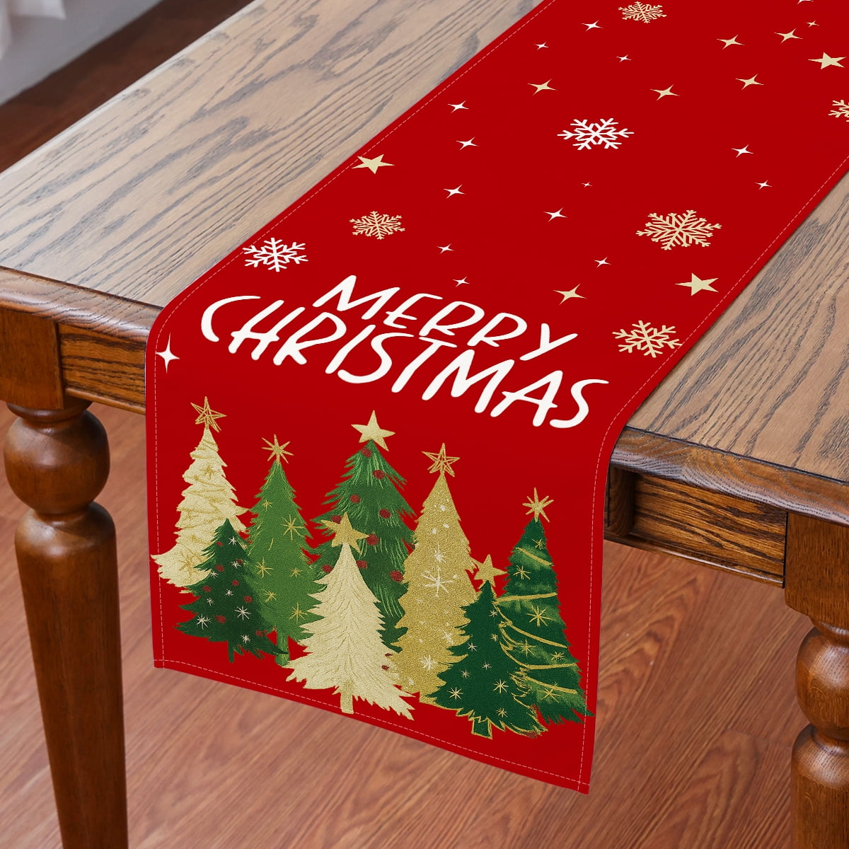 Christmas Table Runner, Red Merry Christmas Trees Snowflakes Table ...