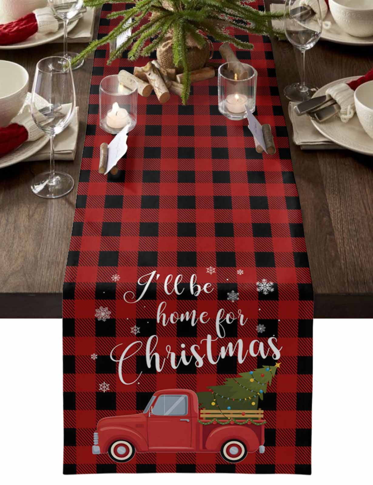 Christmas Table Runner Red Truck Christmas Tree Table Runners Red Black ...