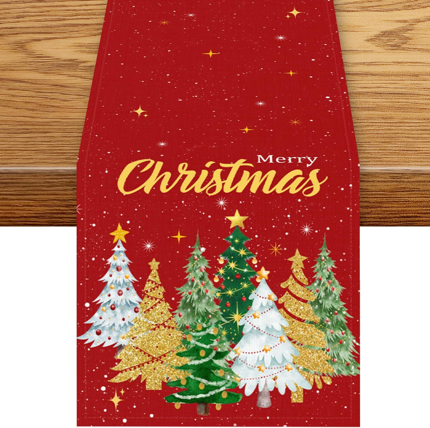 Christmas Table Runner, Red Xsms Gold Merry Christmas Tree Snowflake ...