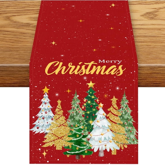 Christmas Table Runner, Red Xsms Gold Merry Christmas Tree Snowflake ...