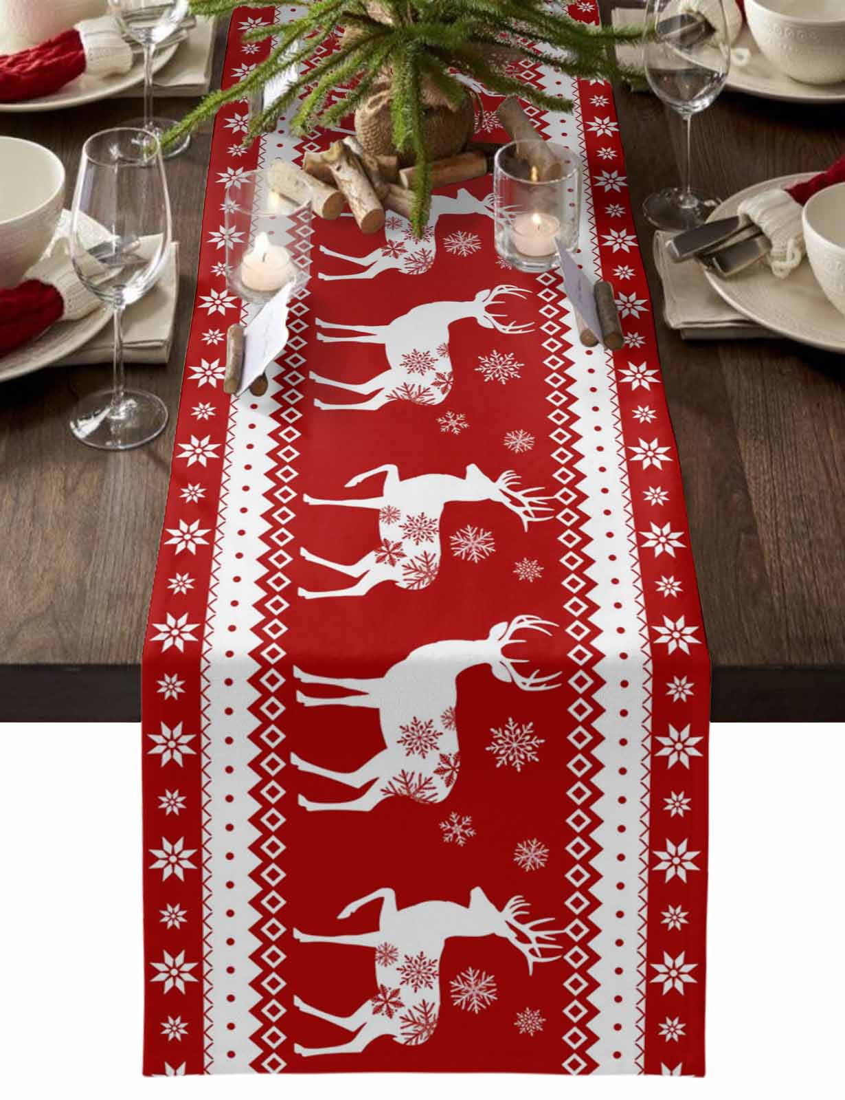 Christmas Table Runner Reindeer Deer Elk Table Runners Winter Snowflake ...