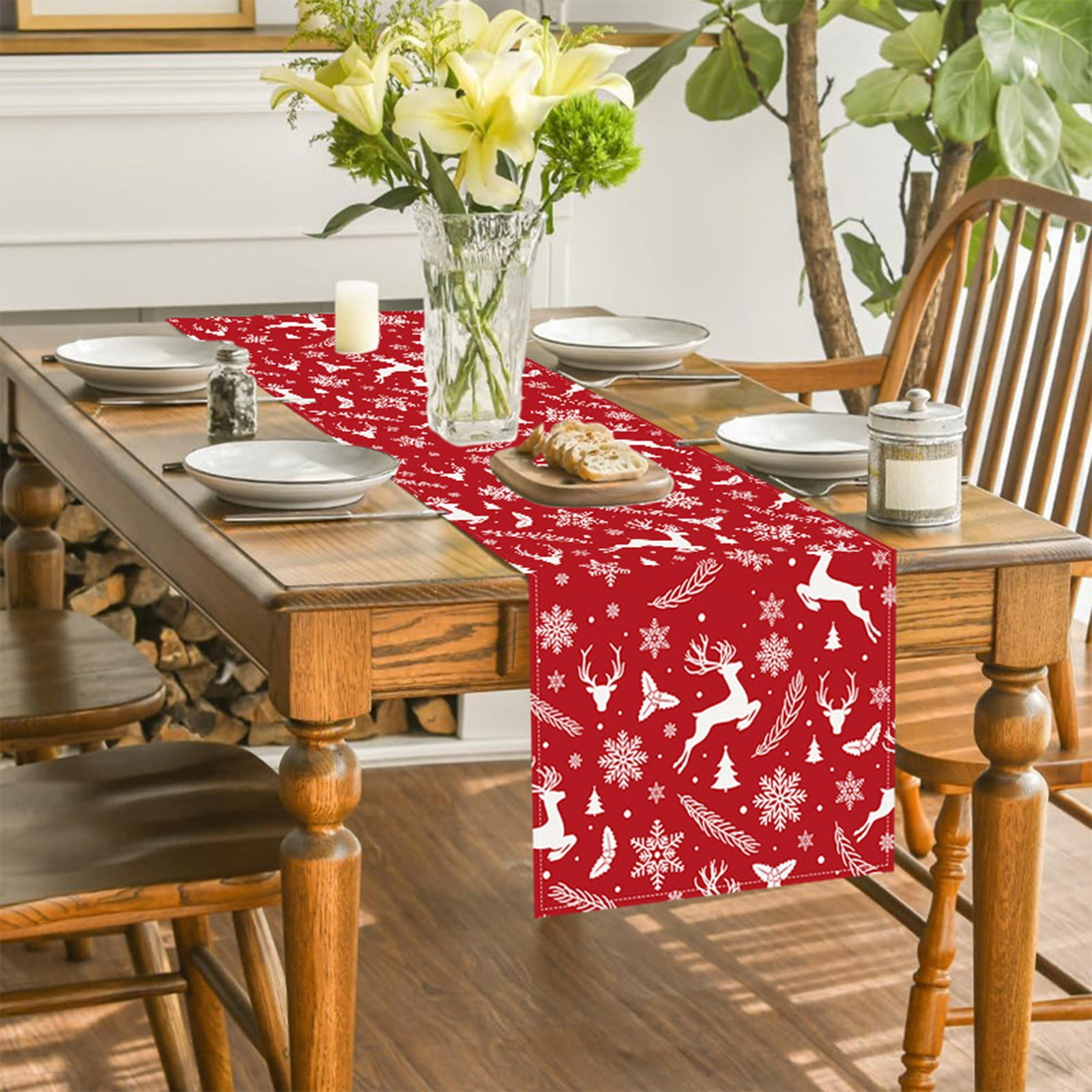 Christmas Table Runner Reindeer Snowflake Red Runner Flax Holiday ...