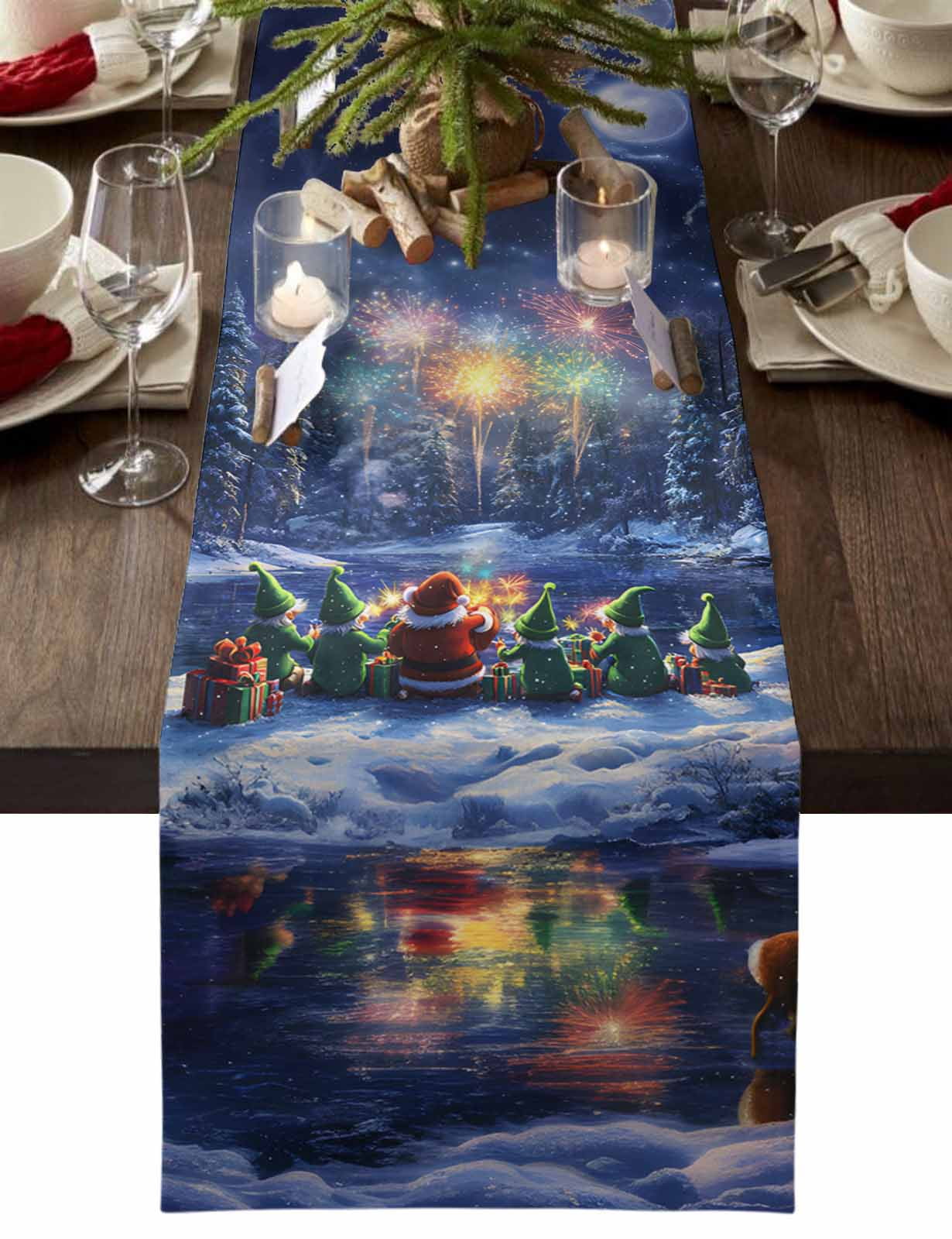 Christmas Table Runner Santa Claus Elf Table Runners Snow Forest ...
