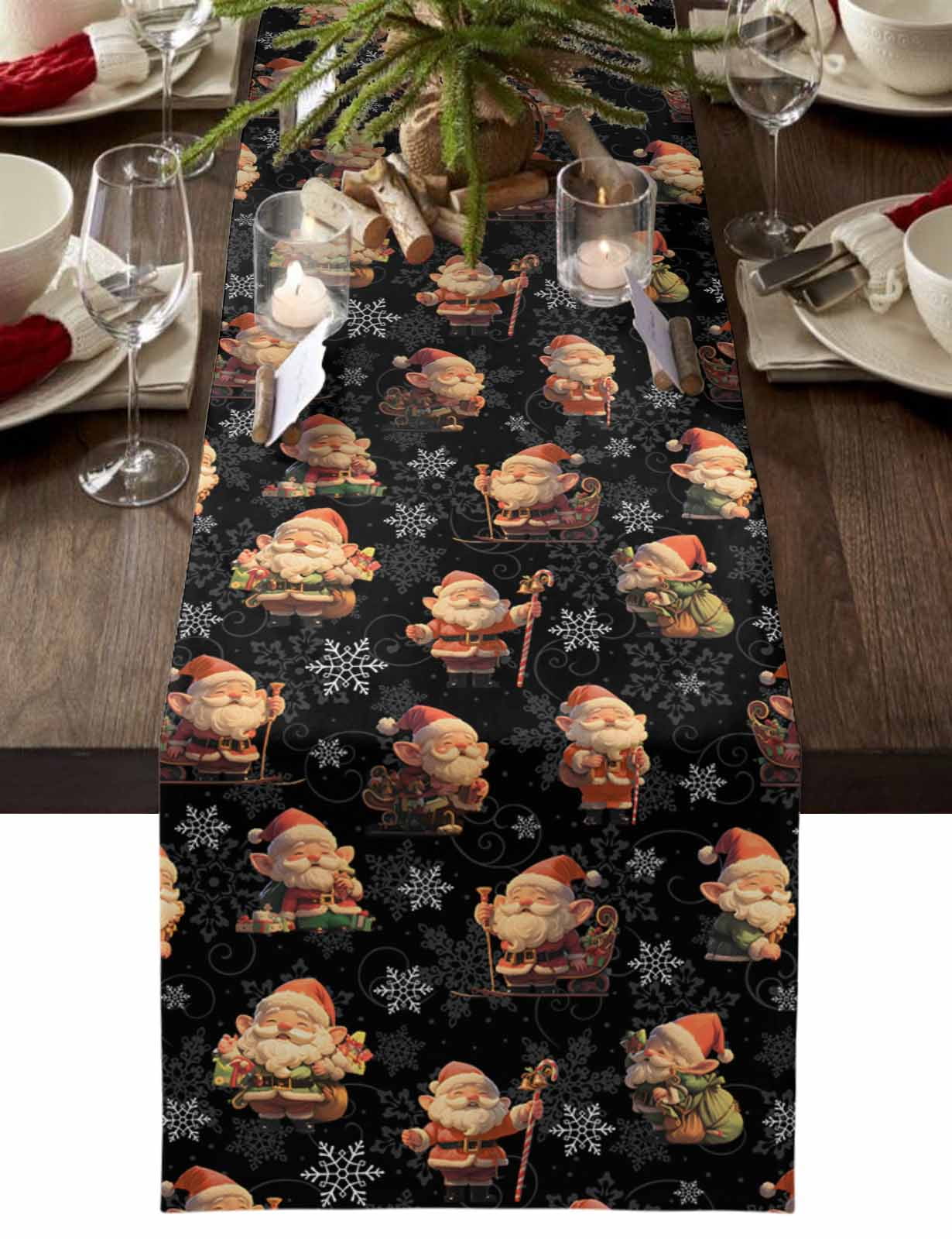 Christmas Table Runner Santa Claus Gifts Table Runners Snowflakes Black ...