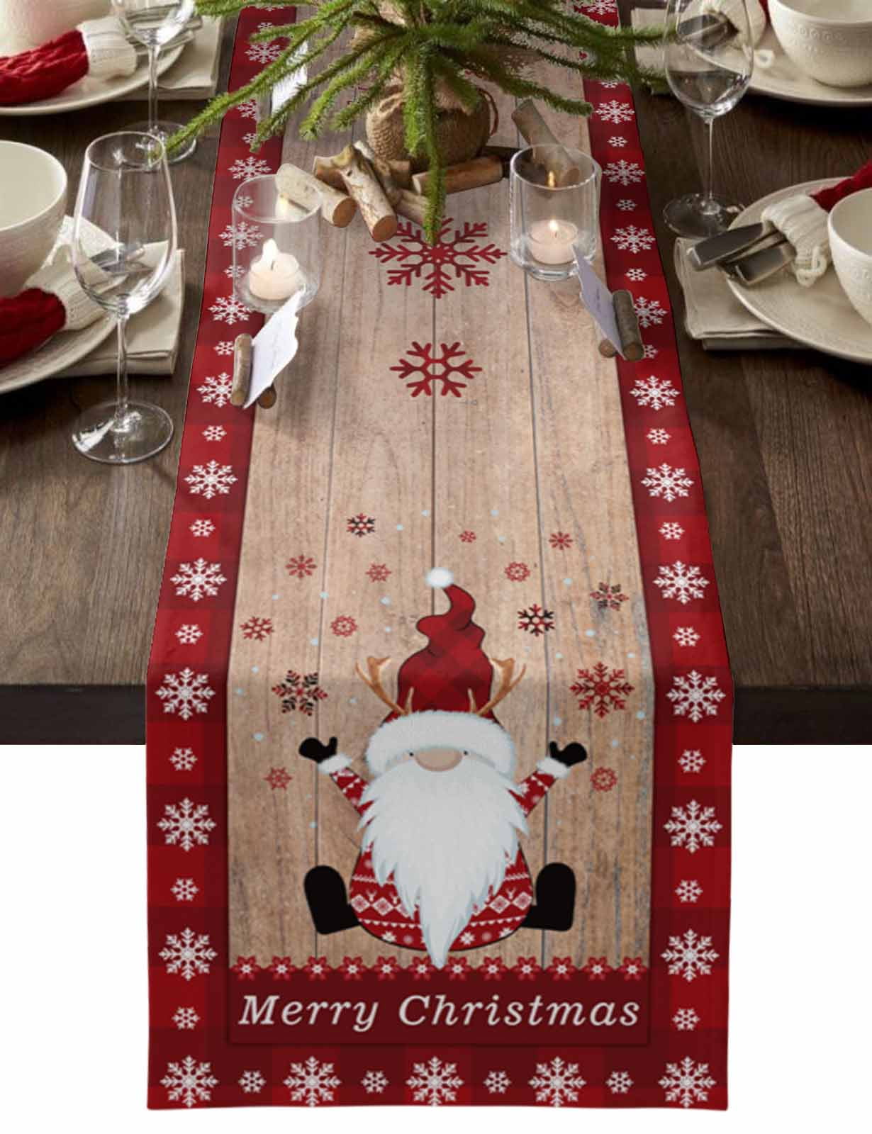 Christmas Table Runner Santa Claus Wood Grain Table Runners Snowflake ...