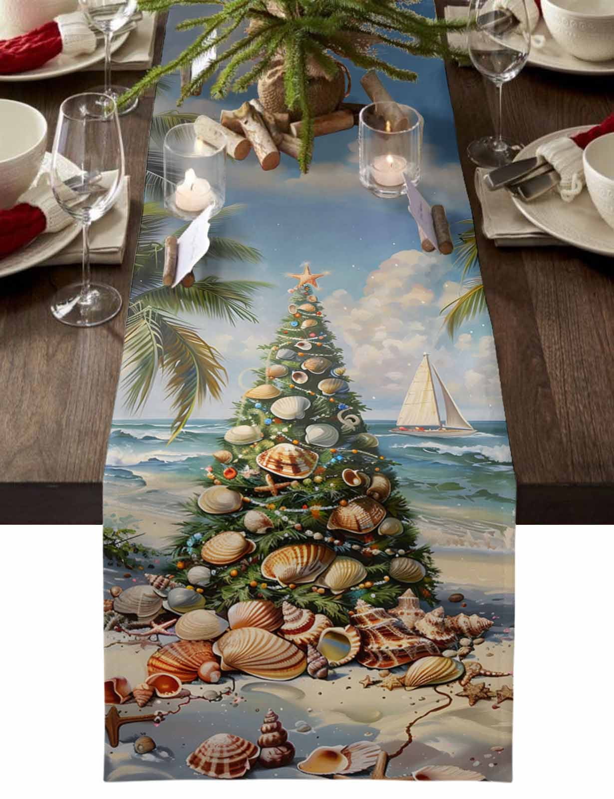 Christmas Table Runner Seashell Xmas Tree Table Runners Beach Palm Tree ...