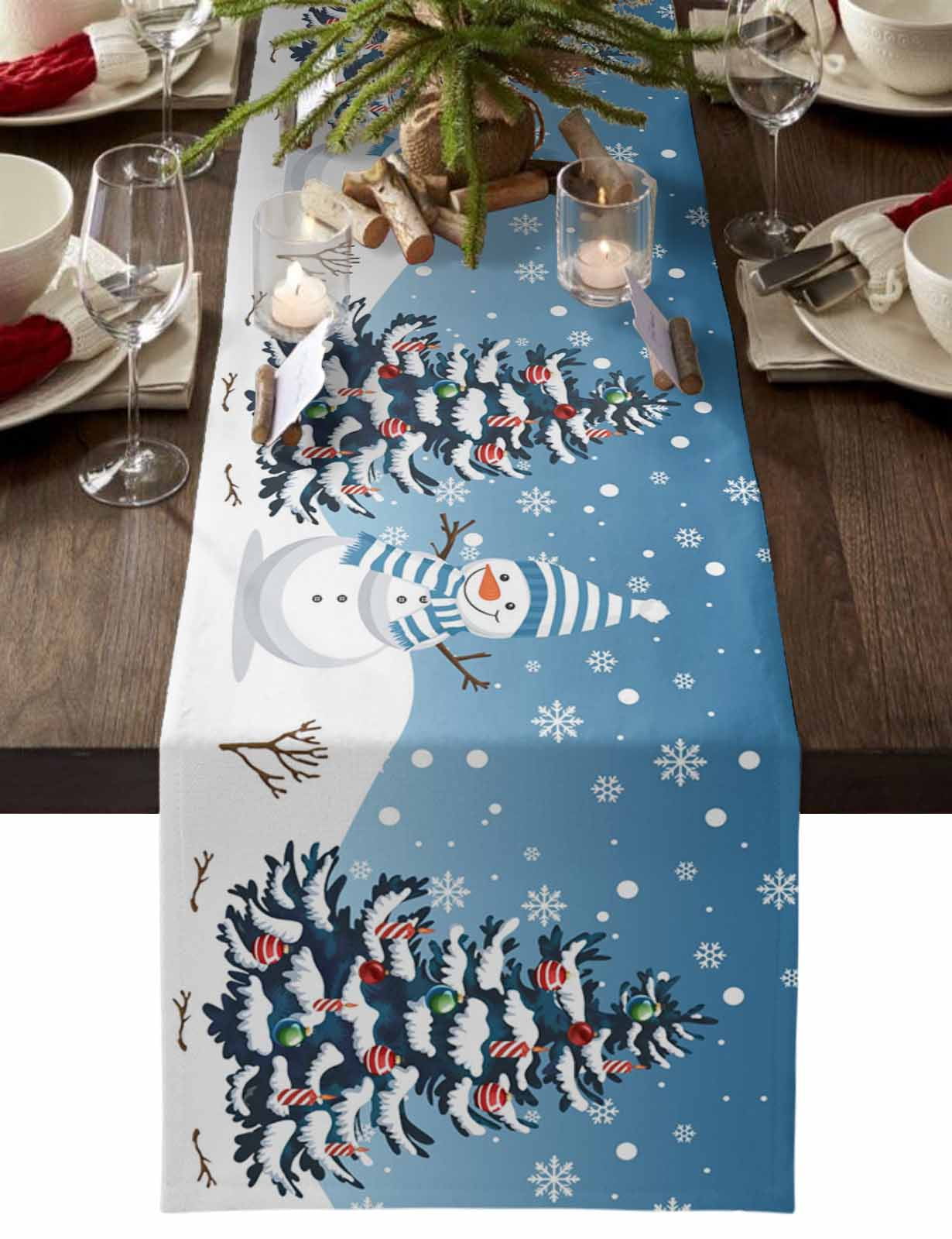 Christmas Table Runner Sky Blue Christmas Tree Snowman Table Runners ...