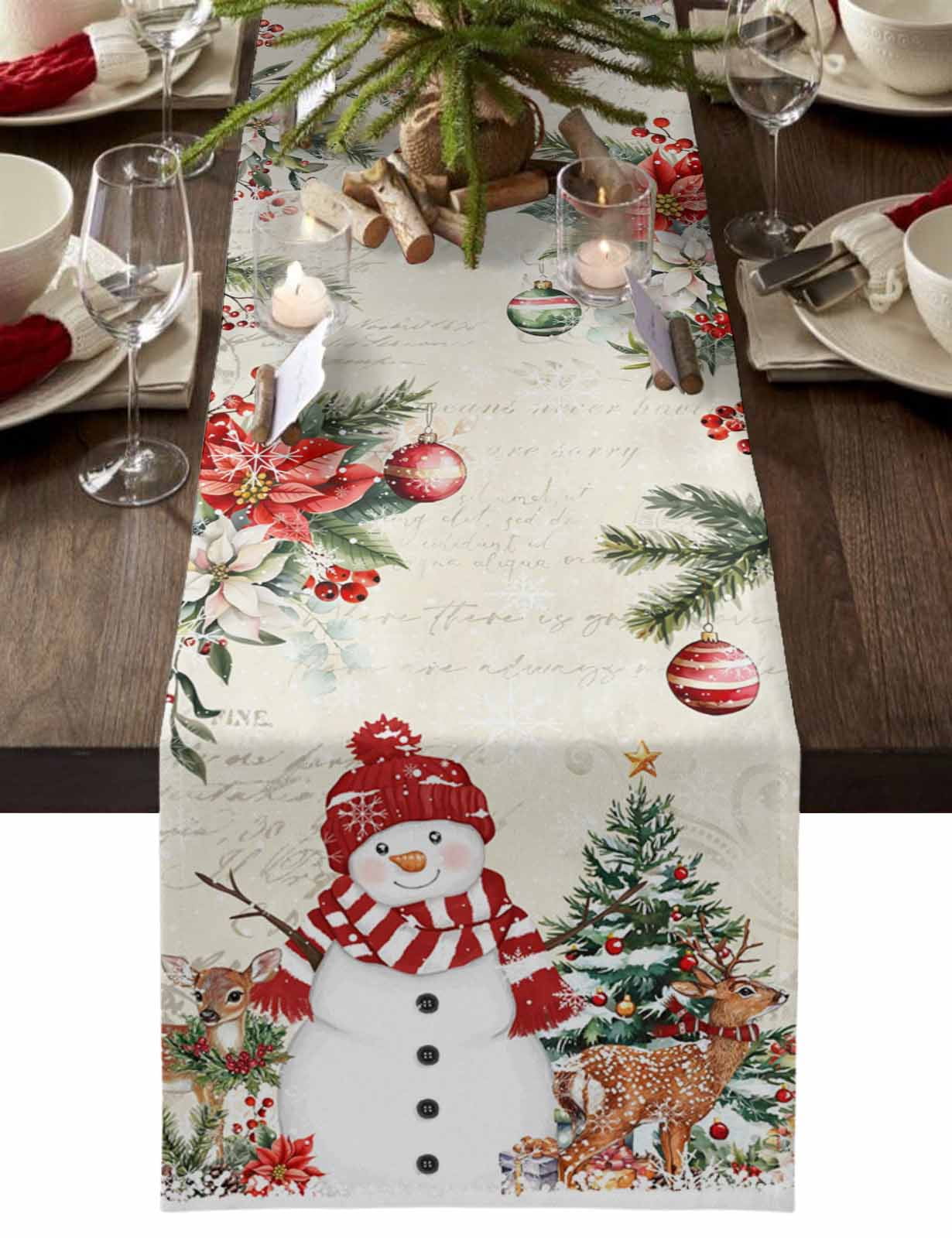 Christmas Table Runner Snowman Poinsettia Table Runners Holly Berry ...
