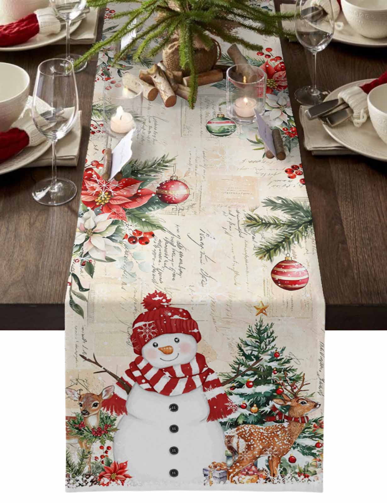 Christmas Table Runner Snowman Poinsettia Table Runners Holly Berry ...