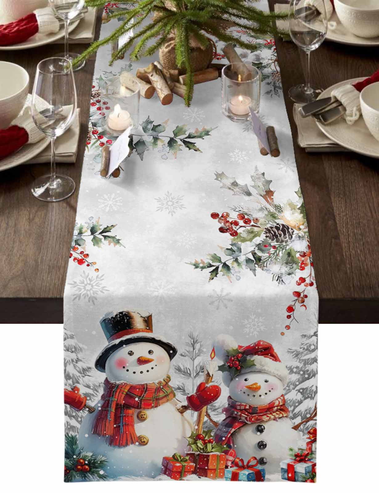 Christmas Table Runner Snowman Red Berry Table Runners Pine Cones Snowy ...