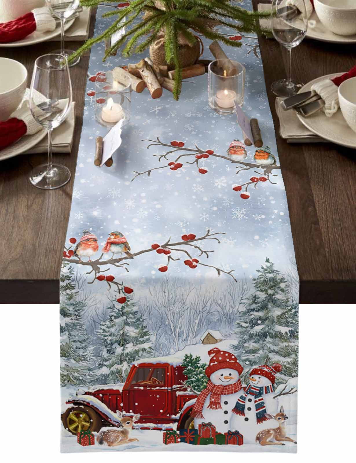 Christmas Table Runner Snowman Red Truck Table Runners Birds Berry ...