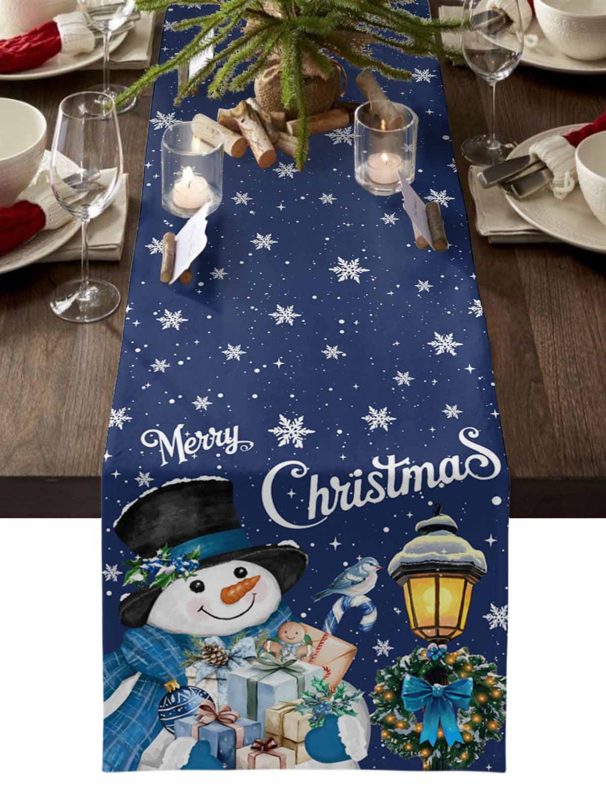 Christmas Table Runner Snowman Table Runners Blue Bird Snowflake Street ...