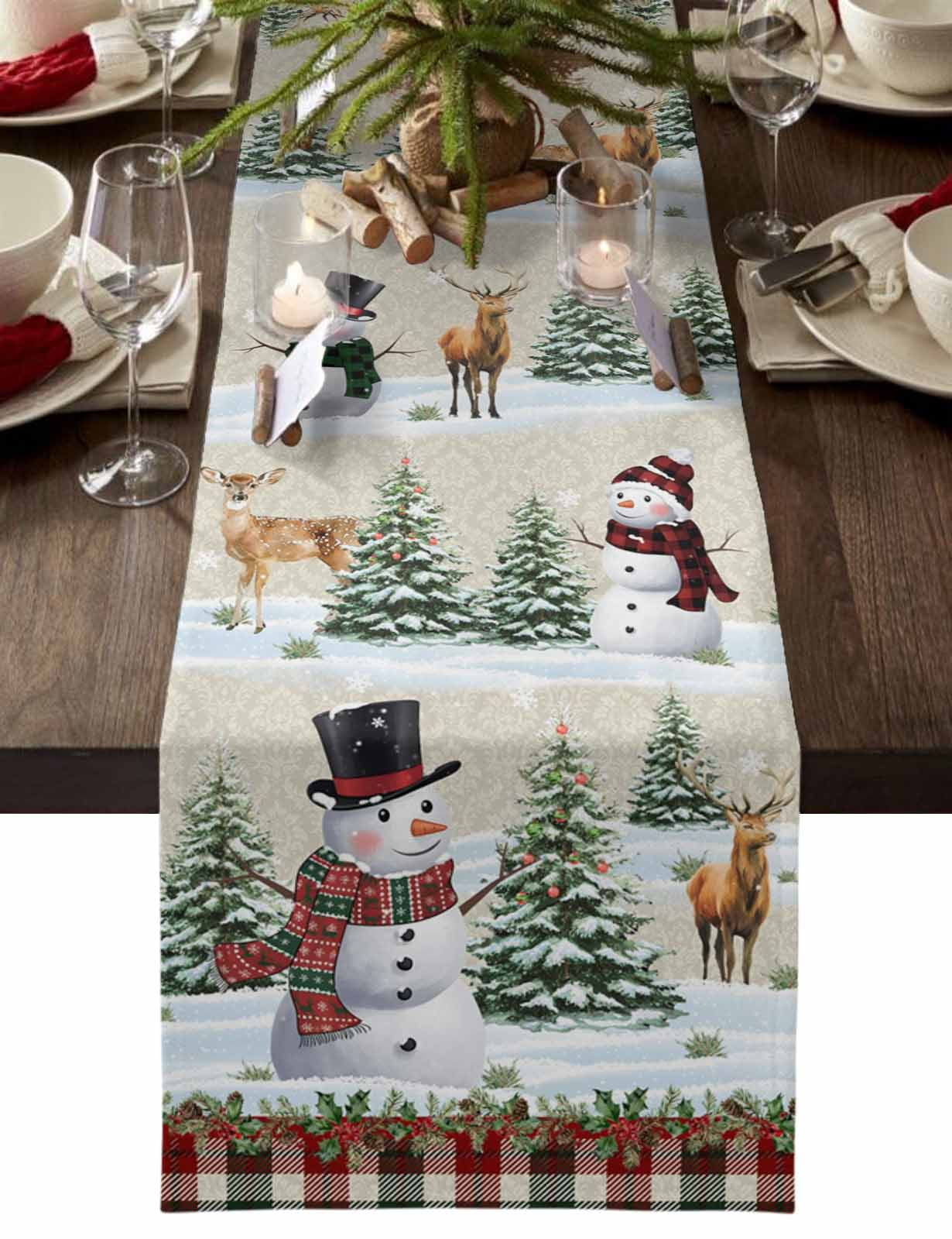Christmas Table Runner Snowman Xmas Trees Table Runners Balls Berry ...