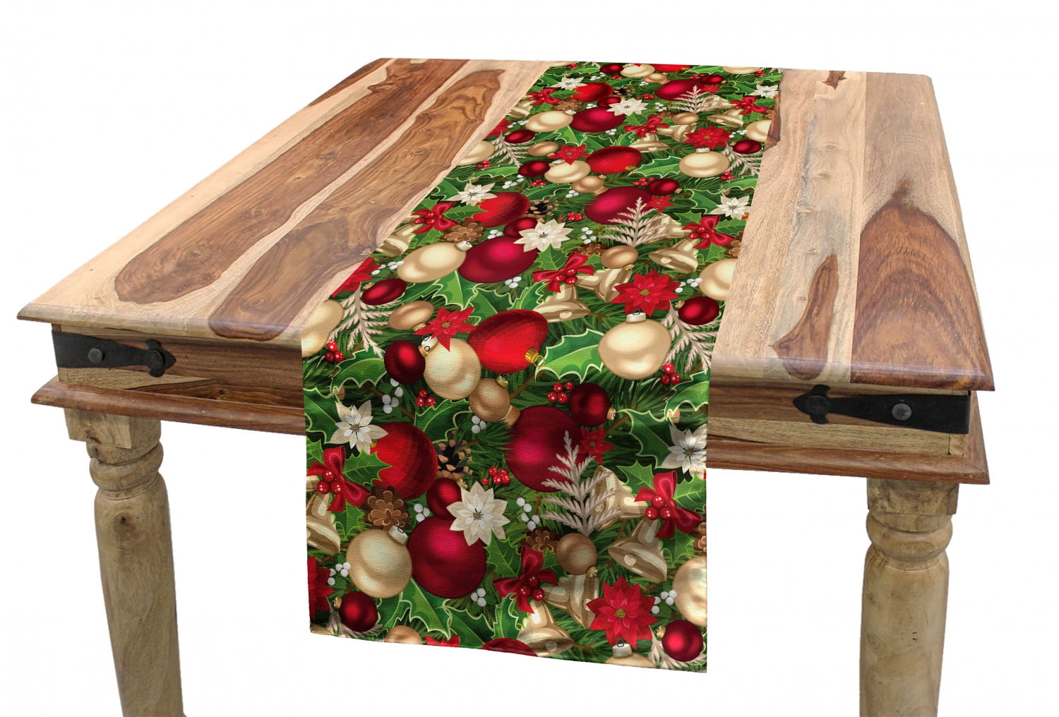 Christmas Table Runner, Tree Branches Spruce Leaves Balls Bells Cones ...