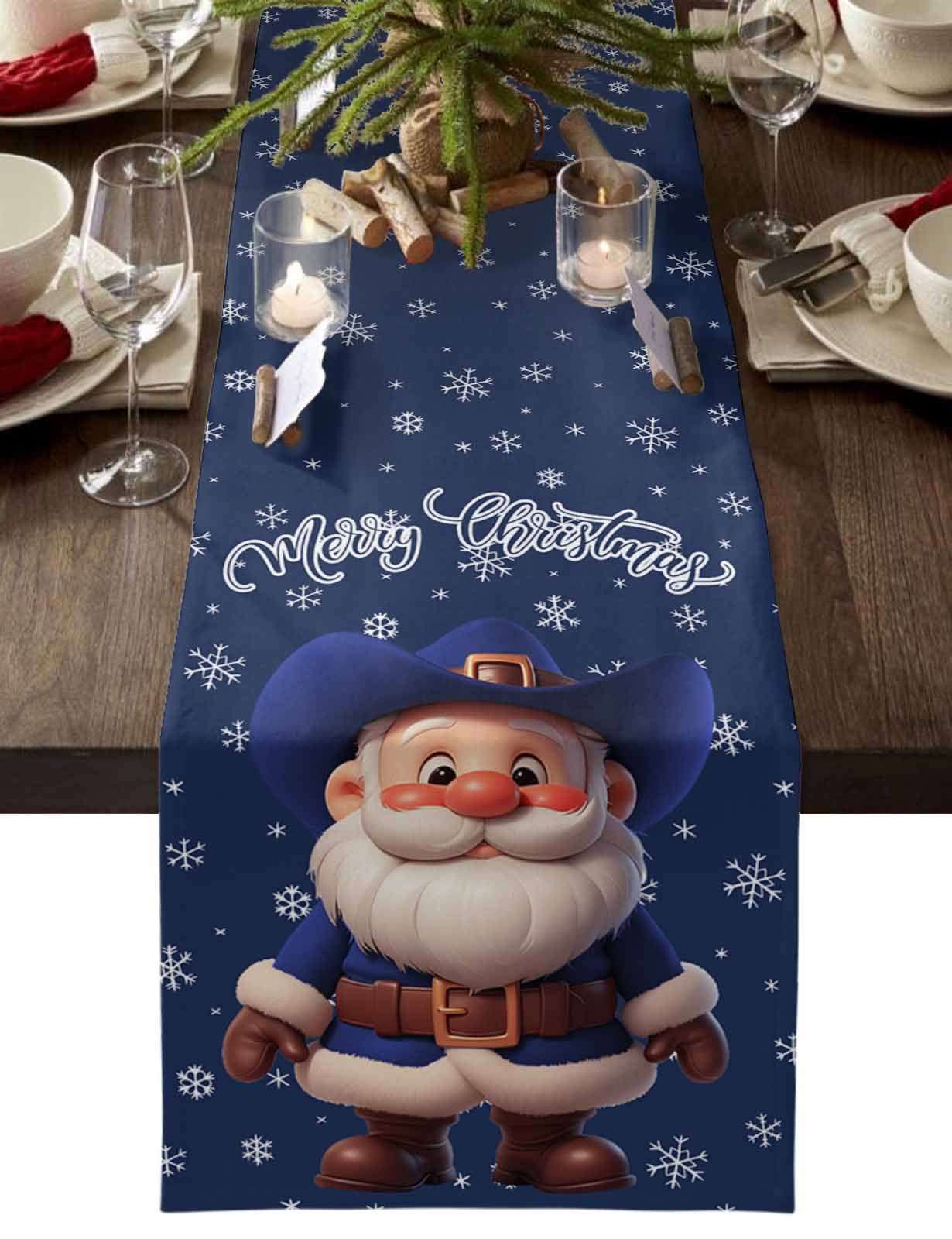 Christmas Table Runner Western Cowboy Blue Santa Claus Table Runners ...