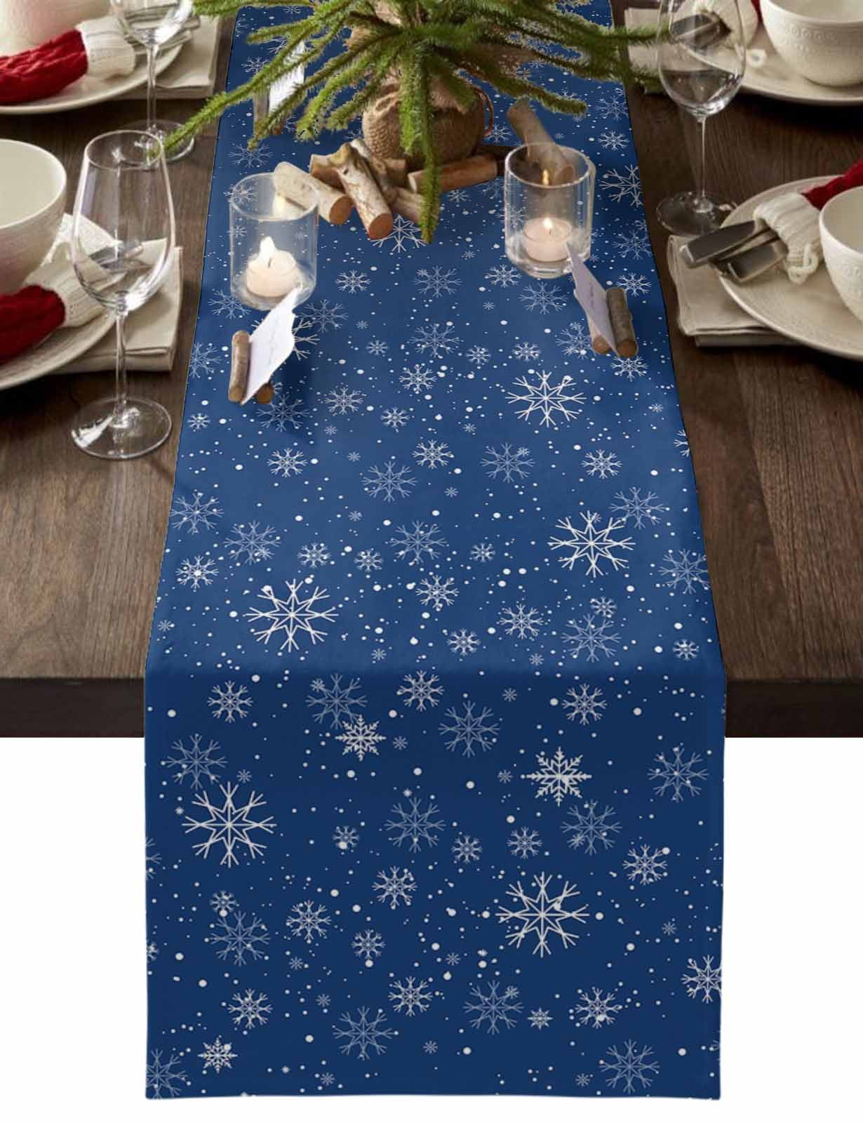 Christmas Table Runner White Snowflake Table Runners Blue Cotton Linen ...