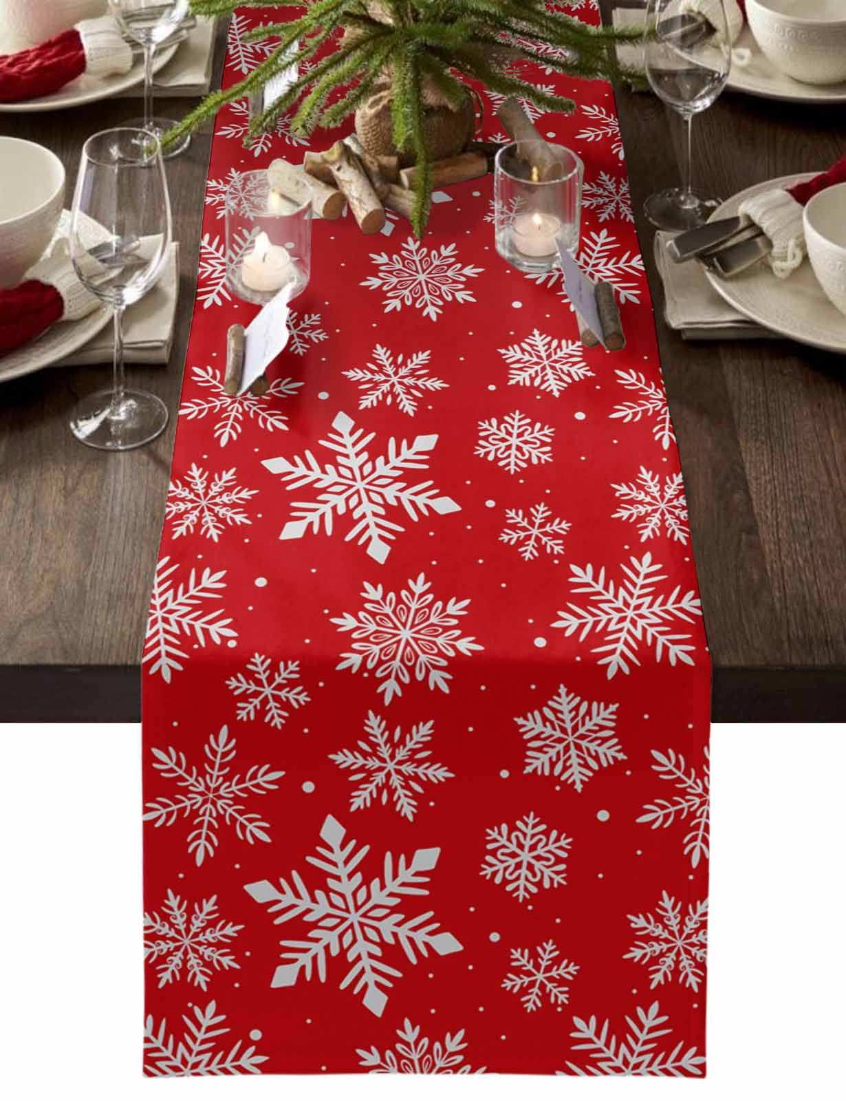 Christmas Table Runner White Snowflake Table Runners Red Winter Snow ...