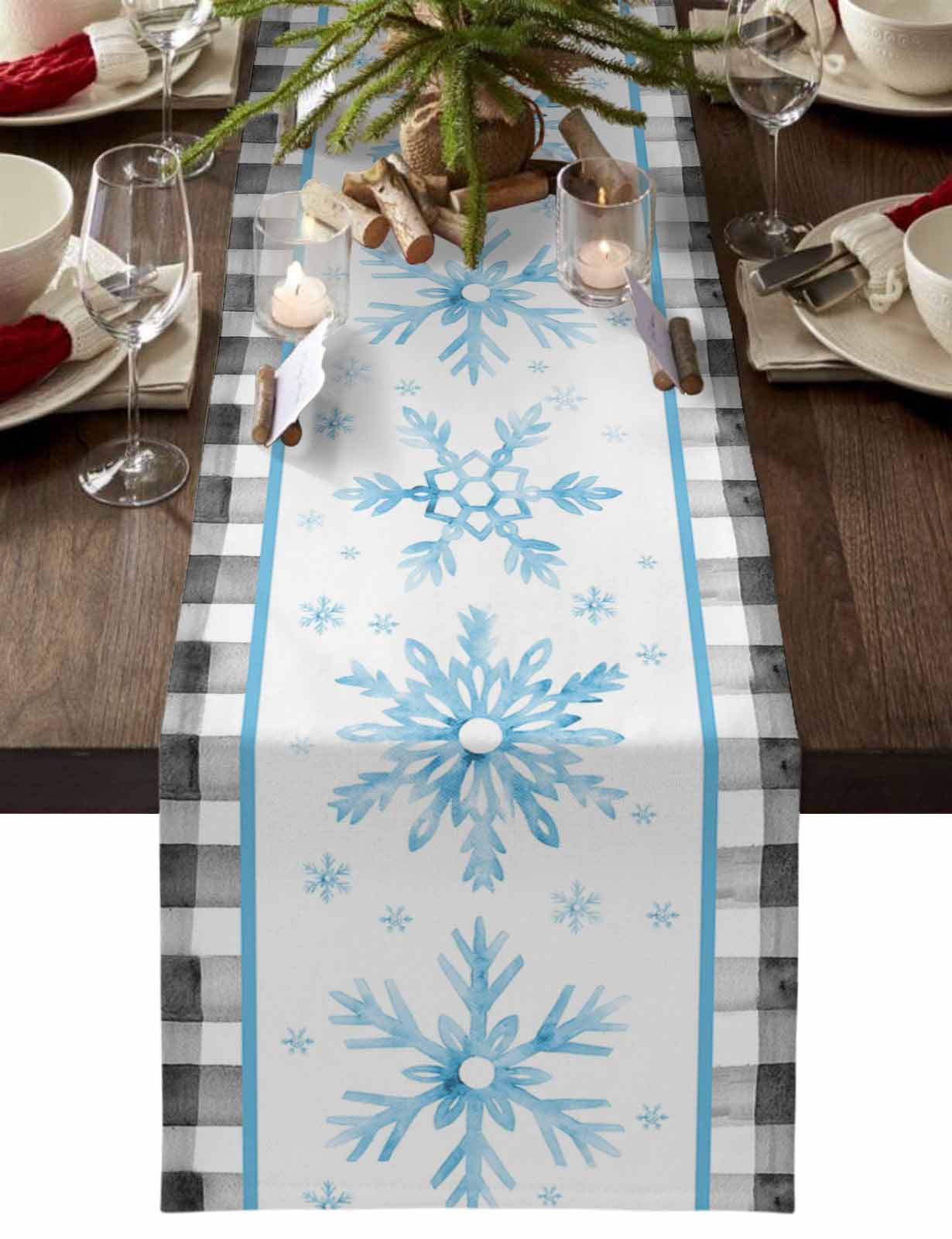 Christmas Table Runner Winter Blue Snowflake Table Runners Black ...