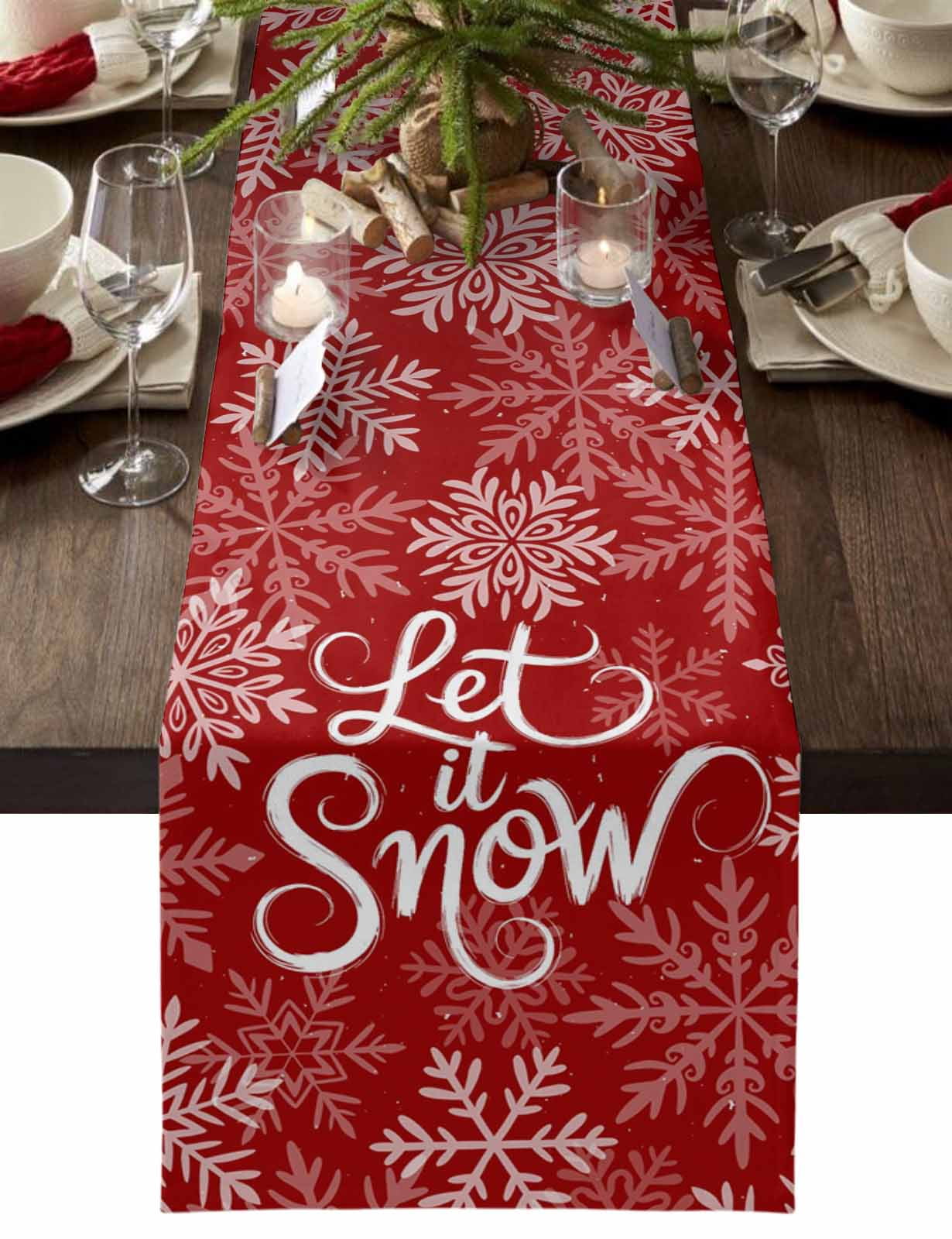 Christmas Table Runner Winter Snowflake Table Runners Red Snow Cotton ...
