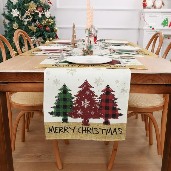 Christmas Table Runner Winter Xmas Pine Tree Pine Cone Stems Merry ...