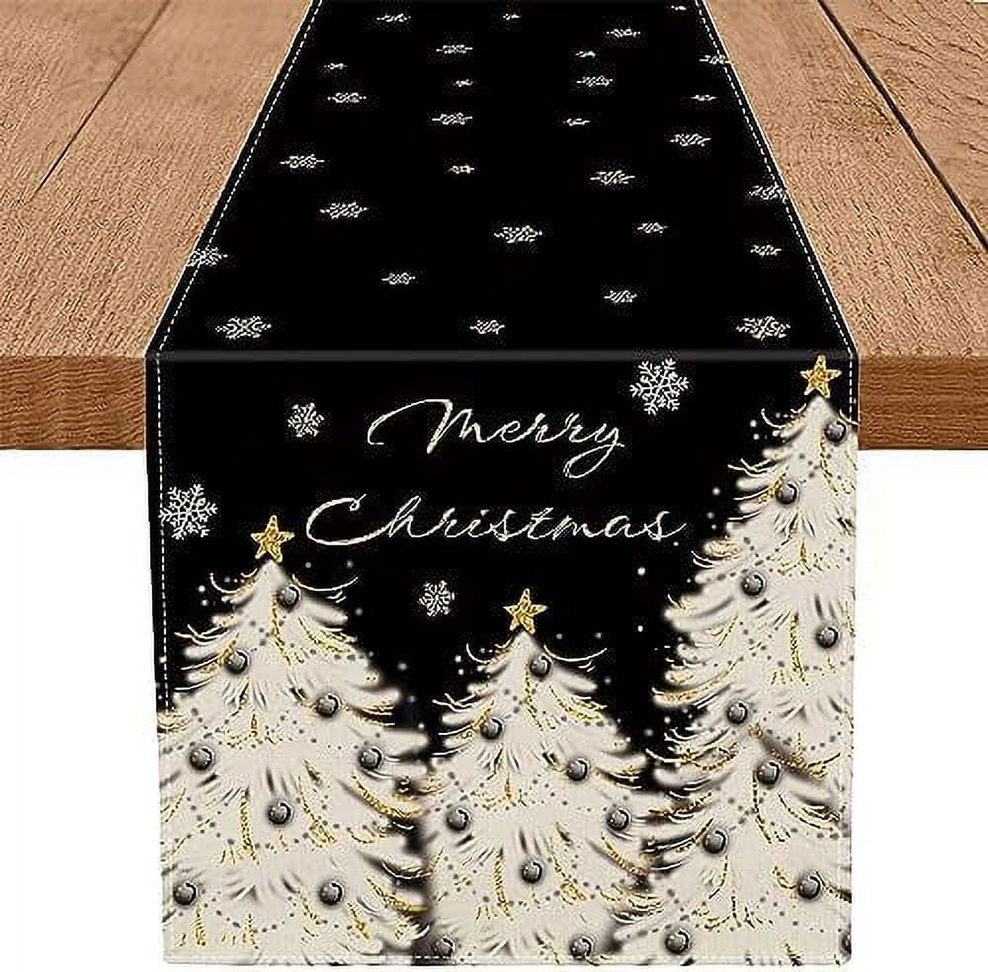 Christmas Table Runner Xmas Golden Tree Star Snowflake Black Merry ...