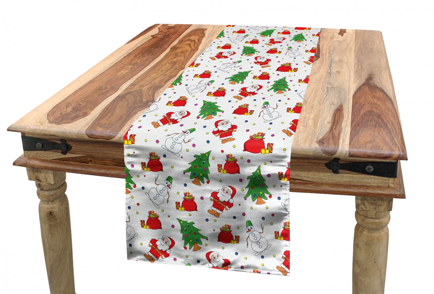 Christmas Table Runner, Xmas Santa Claus Tree on Colorful Polka Dot ...