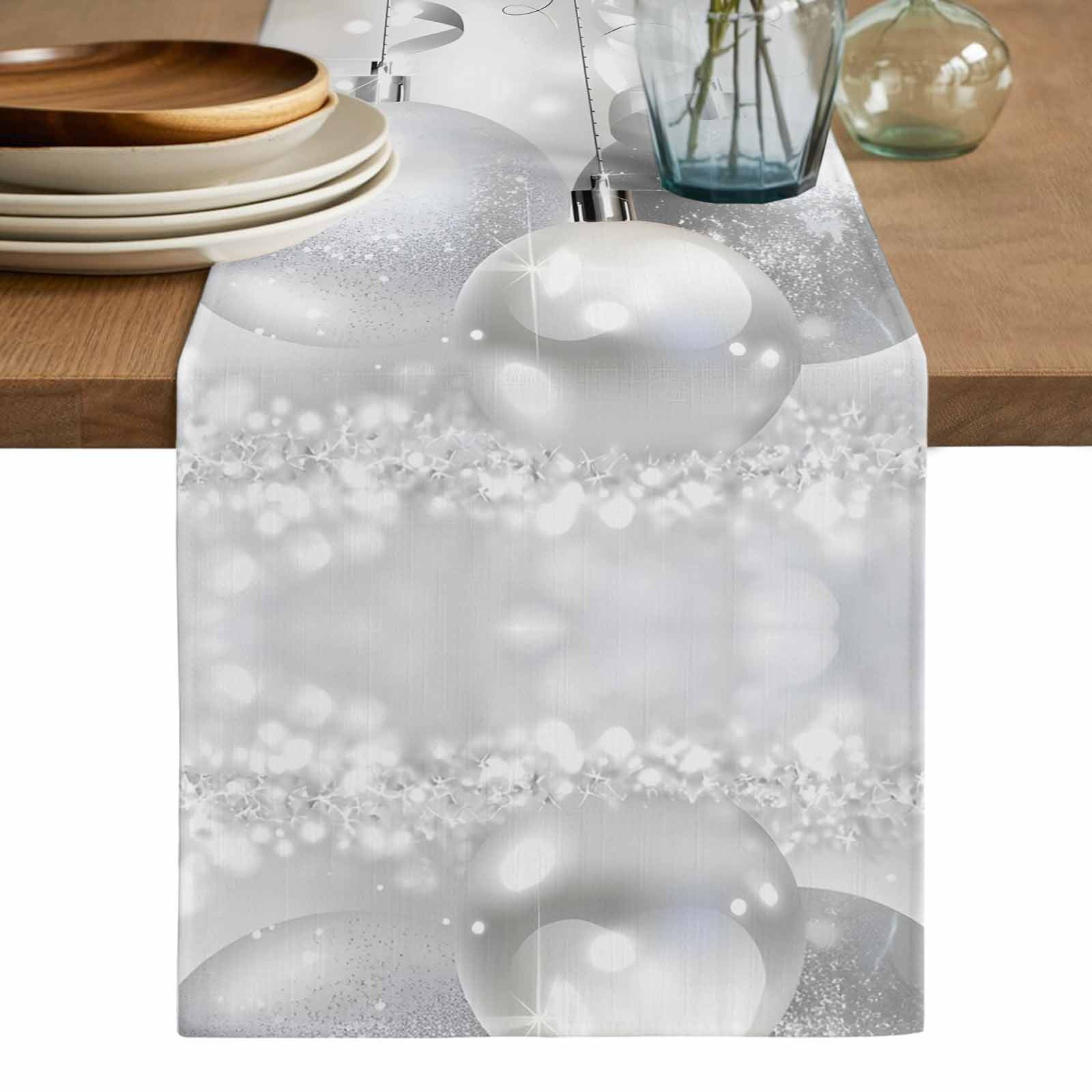 Christmas Table Runner, Xmas Silver Balls Glitter Sparkle Stars ...