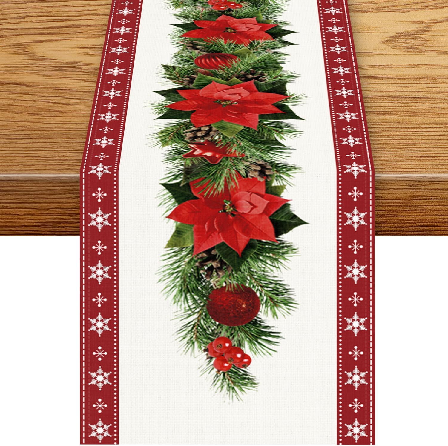 Christmas Table Runner, Xsms Merry Christmas Tree Red Flower Snowflake ...