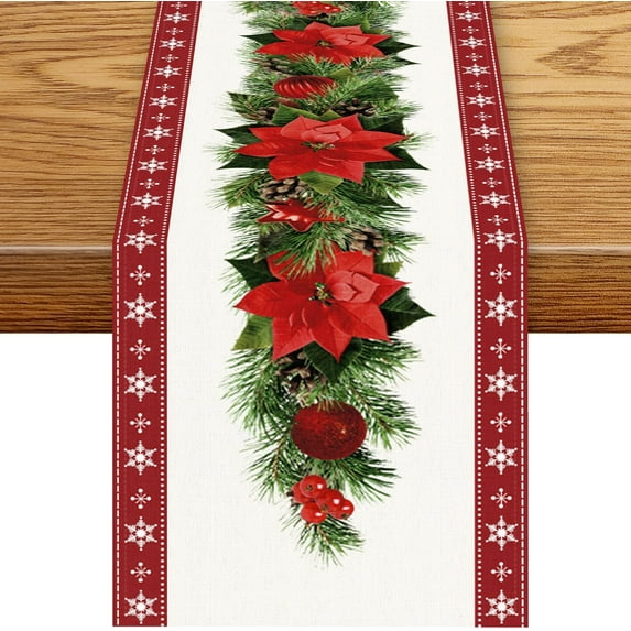Christmas Table Runner, Xsms Merry Christmas Tree Red Flower Snowflake ...