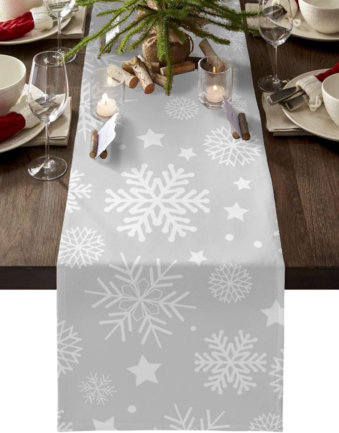 Christmas Table Runners 90 inches Long, Winter White Snowflake Grey ...