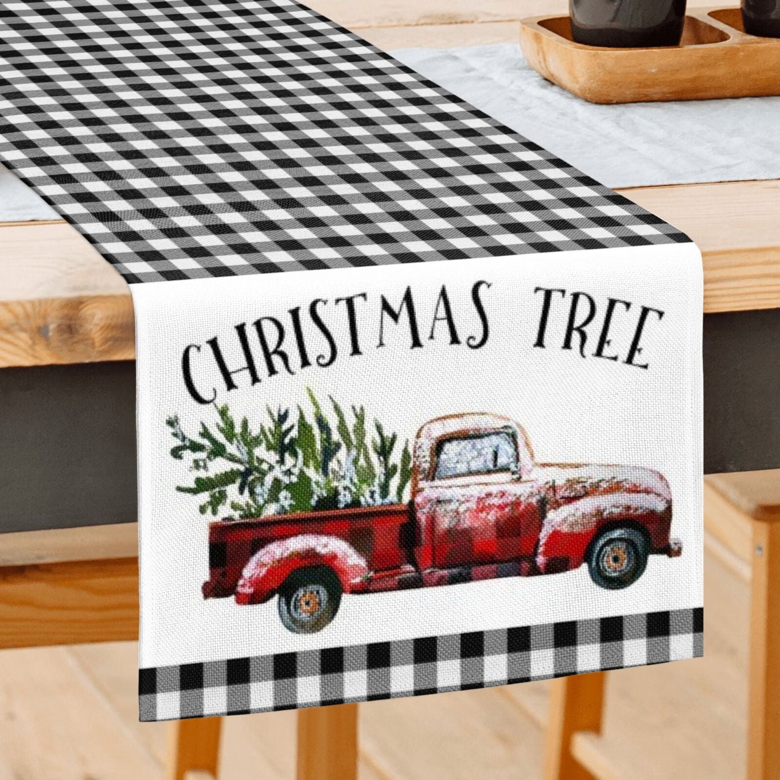 Christmas Table Runners,White Black Buffalo Plaid Linen Burlap Red ...