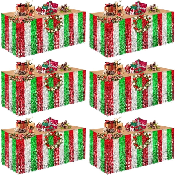 Christmas Table Skirt, Red Silver and Green Wavy Metallic Tinsel Foil ...