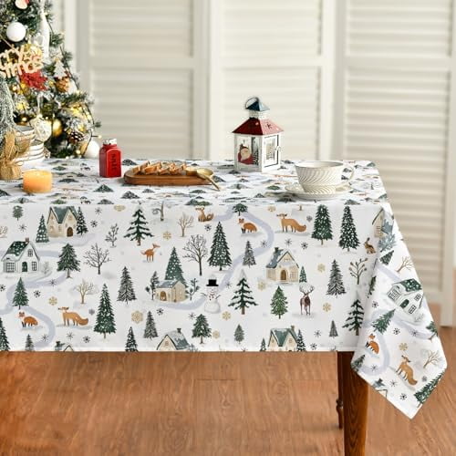 Christmas Tablecloth 52×70 Inch Rectangular, House Snow Trees Deer ...