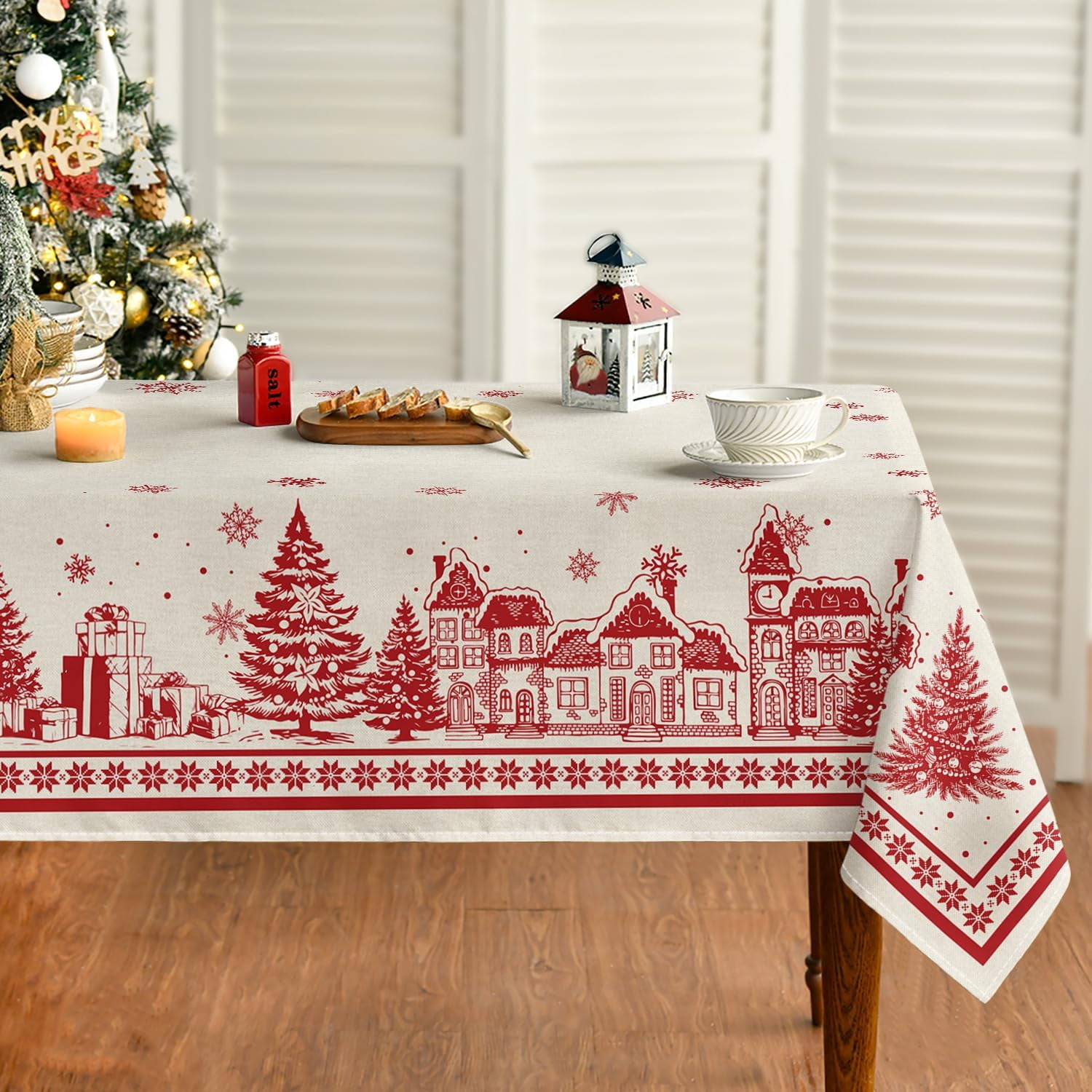 Christmas Tablecloth 60×102 Inch Rectangular, Beige Snow House Pine ...