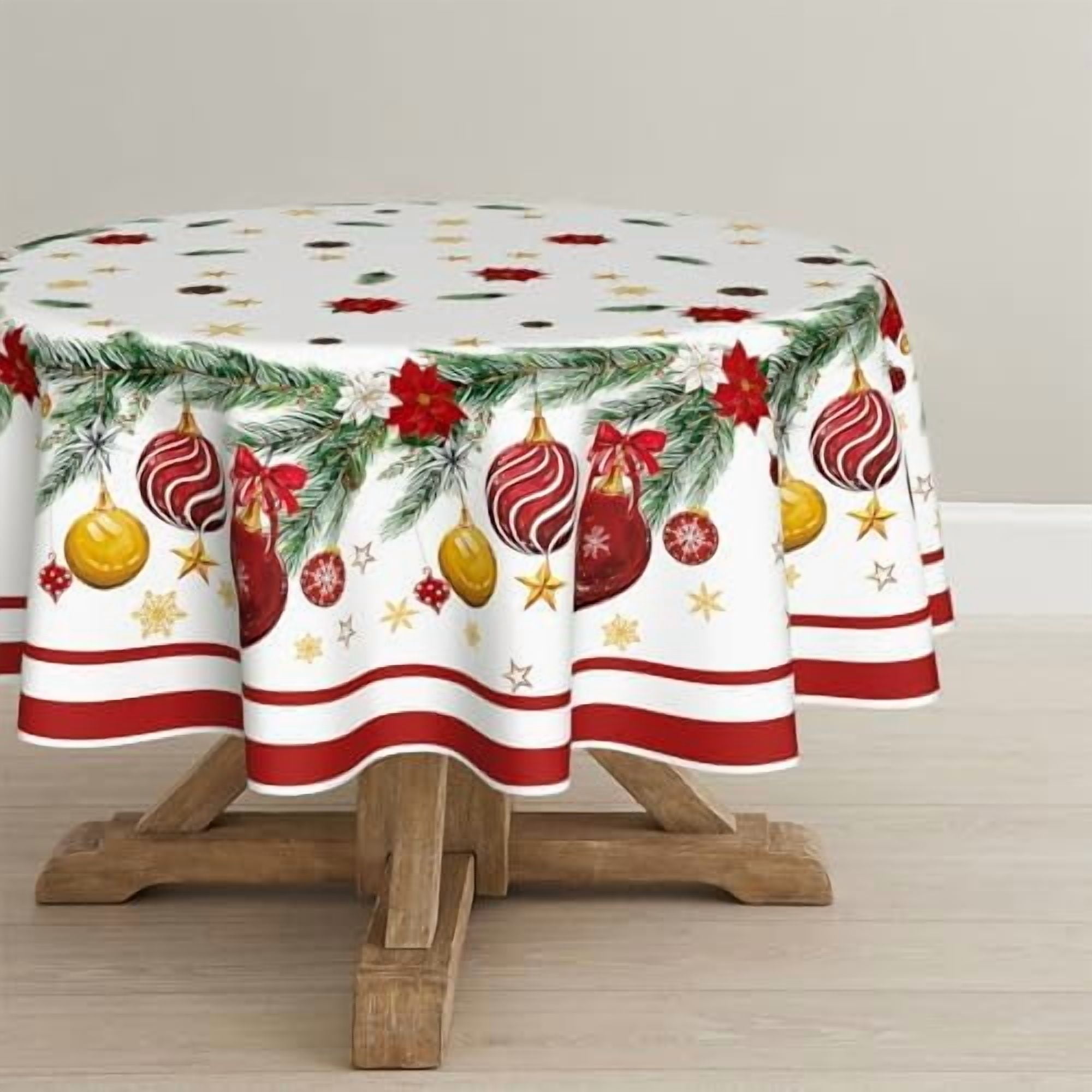 Christmas Tablecloth 60×60 Inch Round, Christmas Ball Ornaments Pine ...