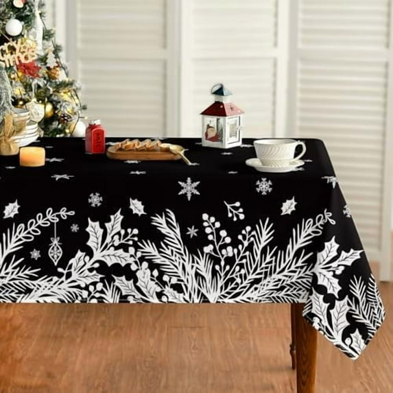 Christmas Tablecloth 60×60 Inch Square, Floral Leaf Black Washable ...